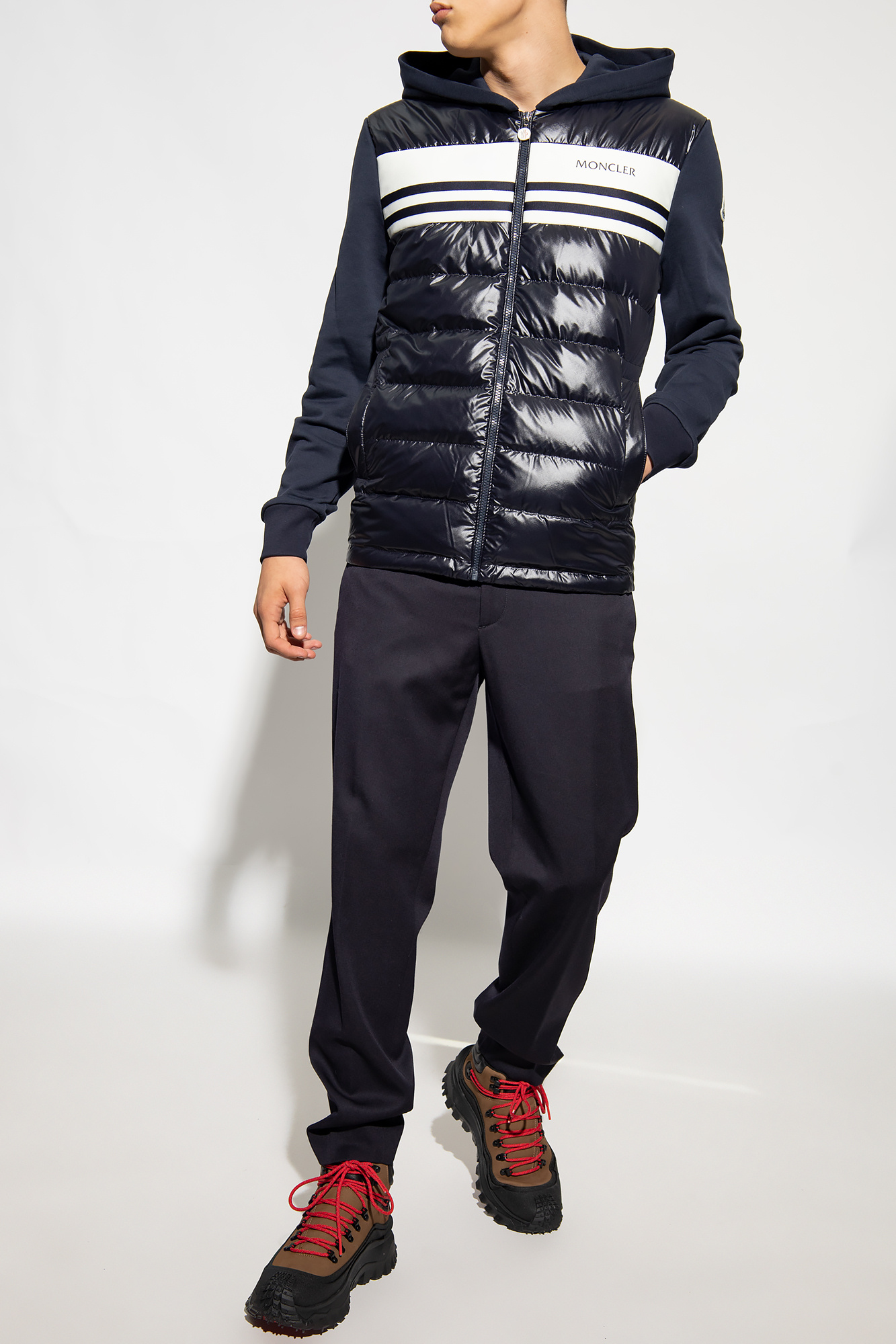 Navy blue tie neck hoodie with down front Moncler SchaferandweinerShops MH YEEZY Boost 350 V2 Ash Pearl Jackets